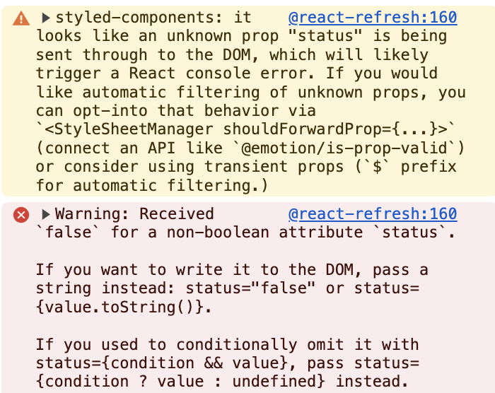💅 [Styled-components] Warning: Received "false"["true"] for a non ...