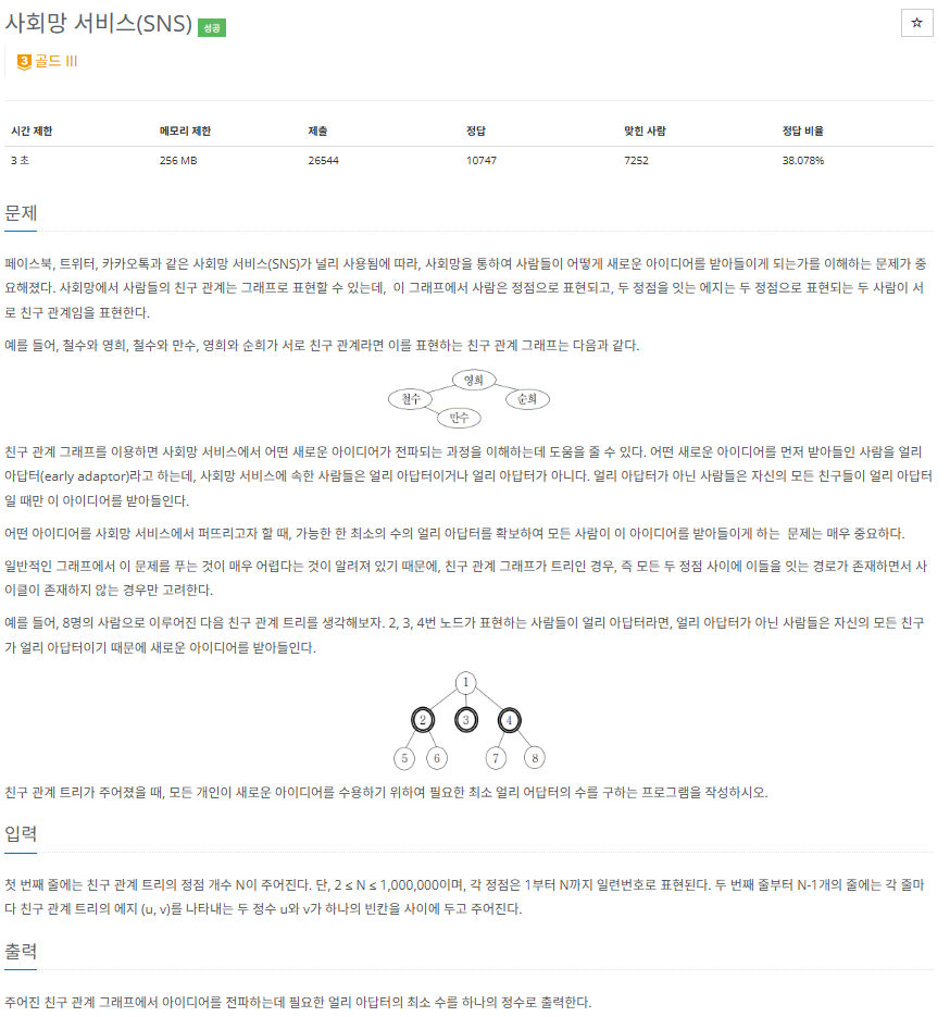 백준 2533번 사회망 서비스(SNS) (C++ / DFS + DP)