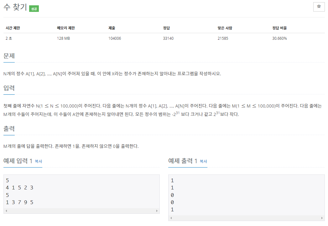 [BaekJoon] 1920 수 찾기 (java)