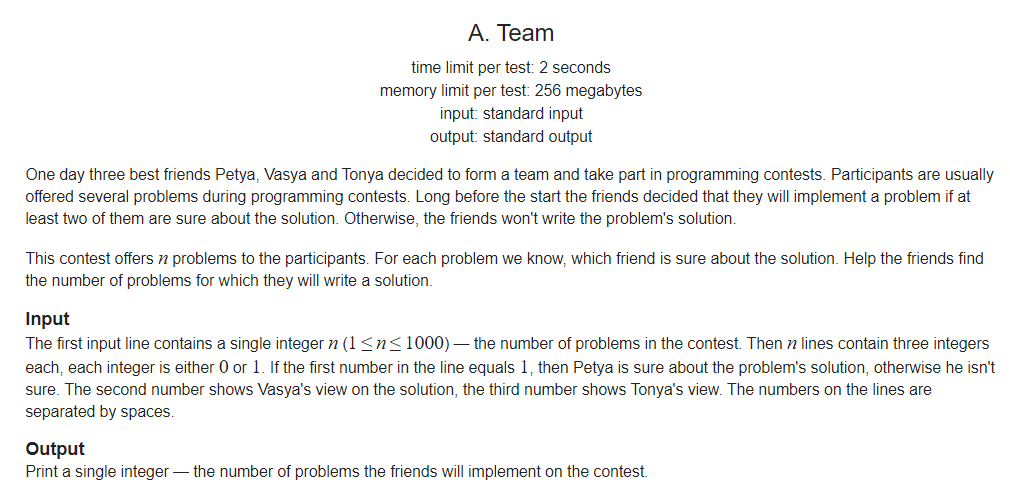 [Codeforces 231] A. Team