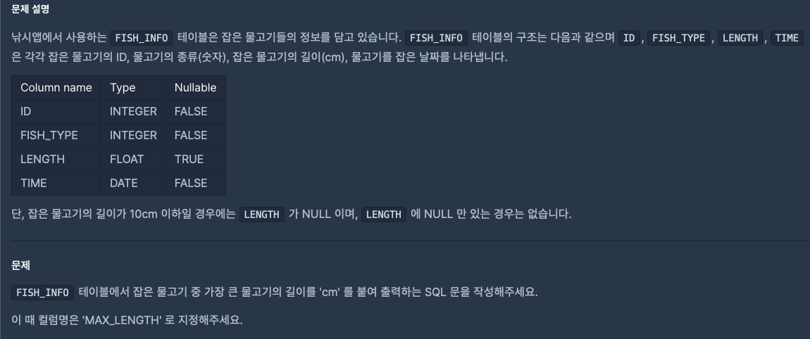 프로그래머스 Sql 잡은 물고기 중 가장 큰 물고기의 길이 구하기