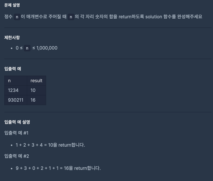 프로그래머스 Python 자릿수 더하기