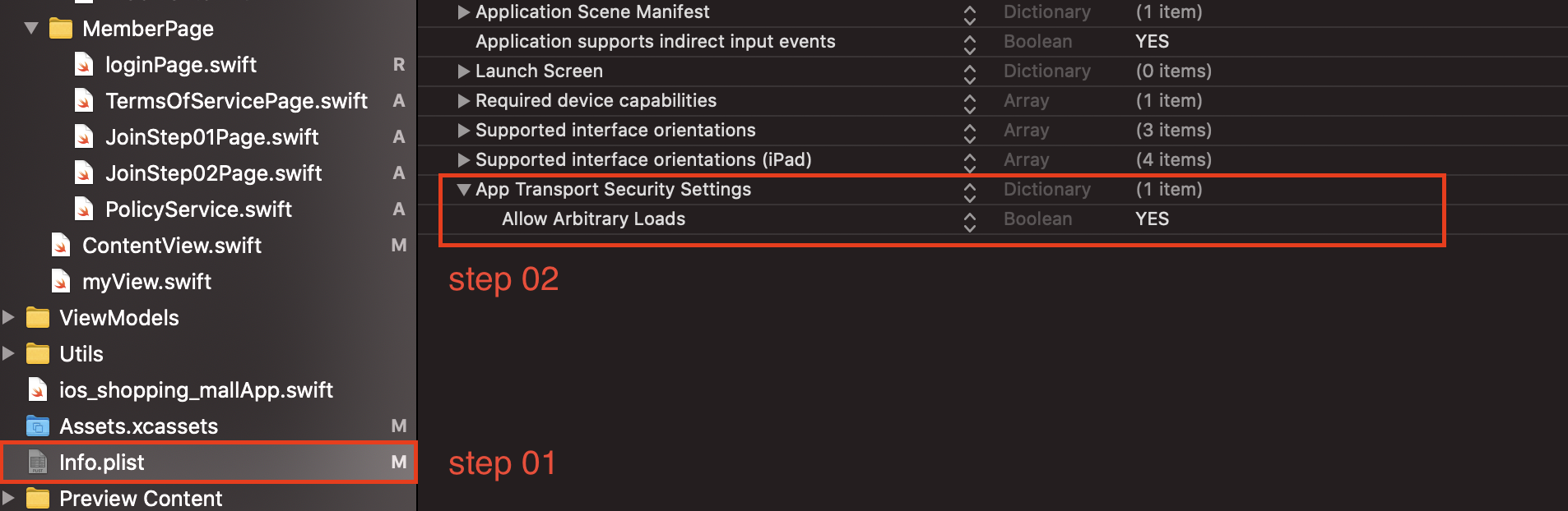 xcode 인터넷 사용 허가 방법