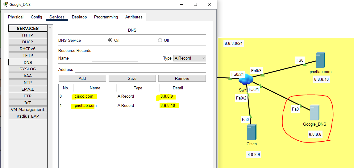 Cisco Packet Tracer에서의 DNS 설정
