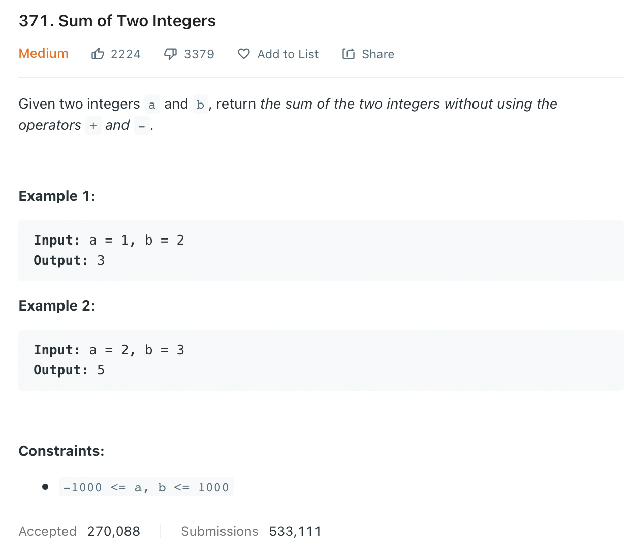  Leetcode C 371 Sum Of Two Integers