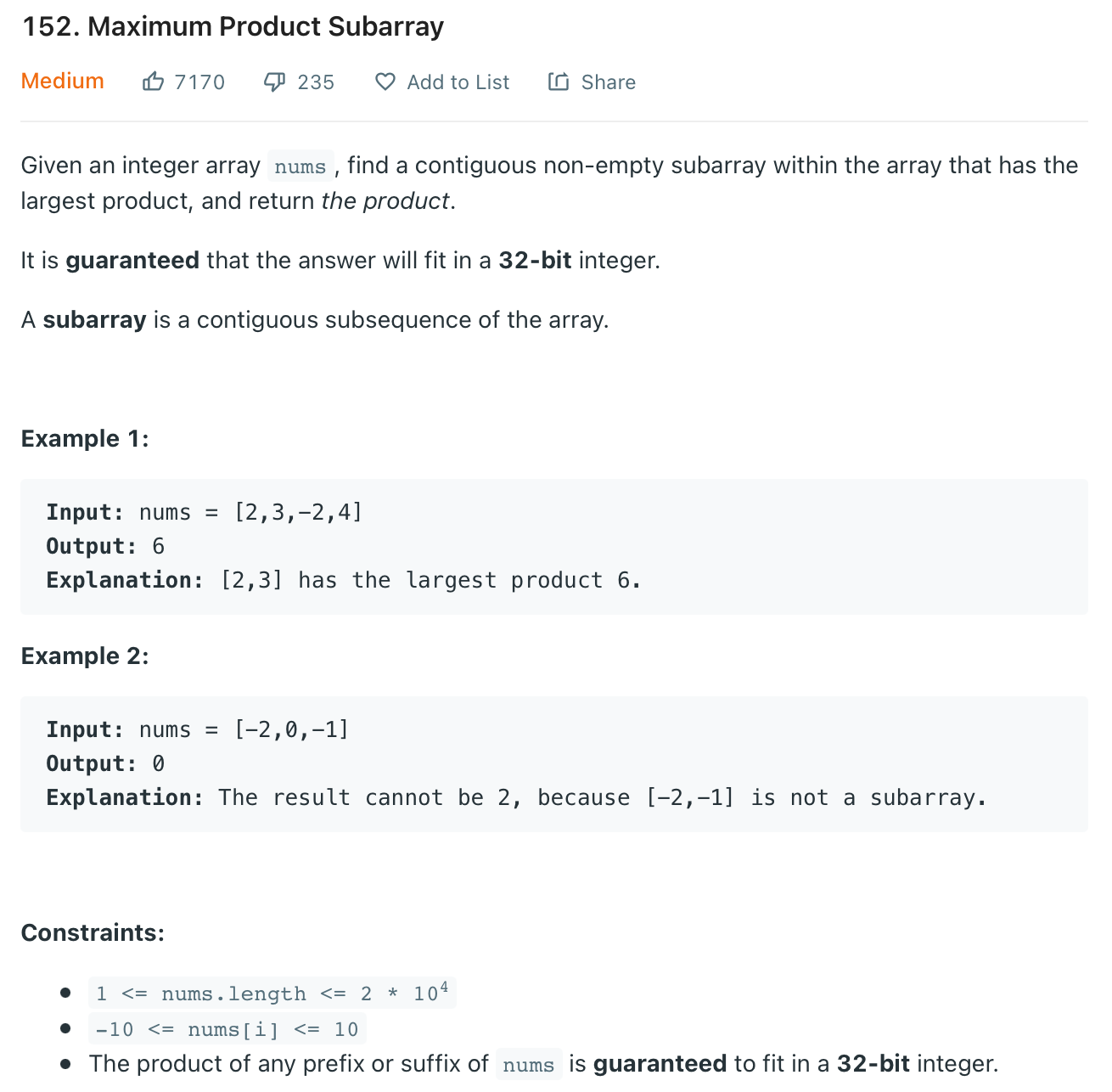 LeetCode : Maximum Product Subarray (Medium)