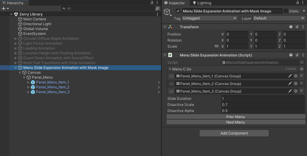 [Unity] Zerry Library (8) : Menu Slide Expansion Animation with Mask Image