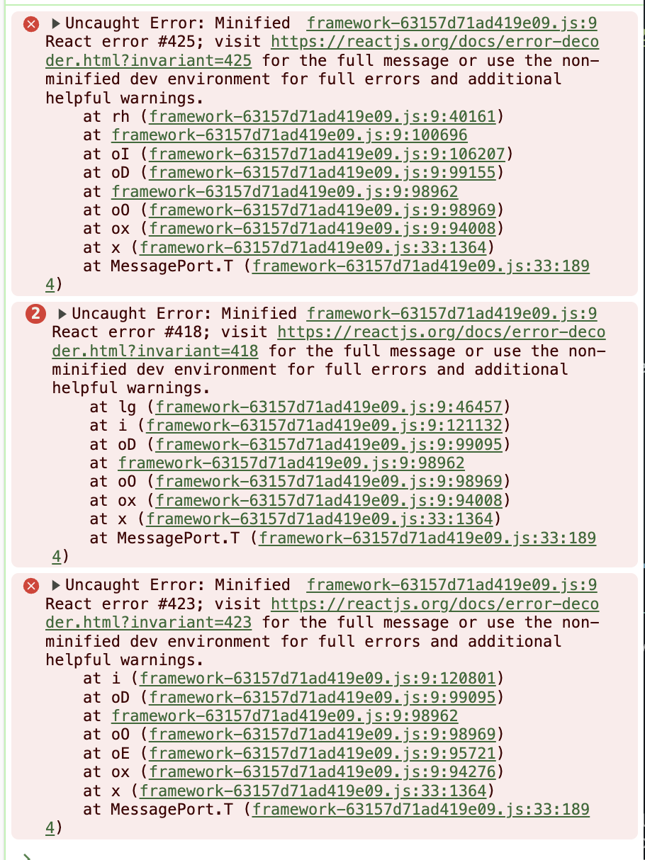 SSG 페이지에서 발생한 React error #425, #418, #423