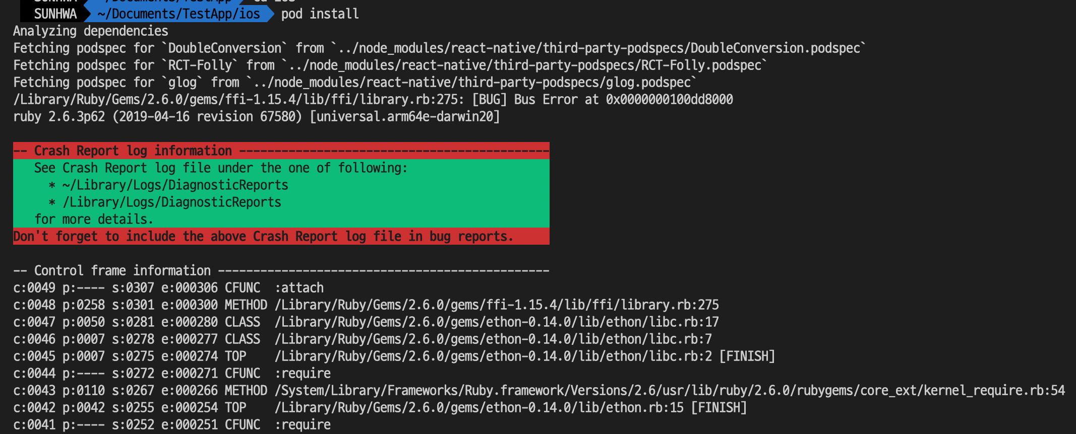 react-native pod install시 오류 new Macbook M1 crash DiagnosticReports