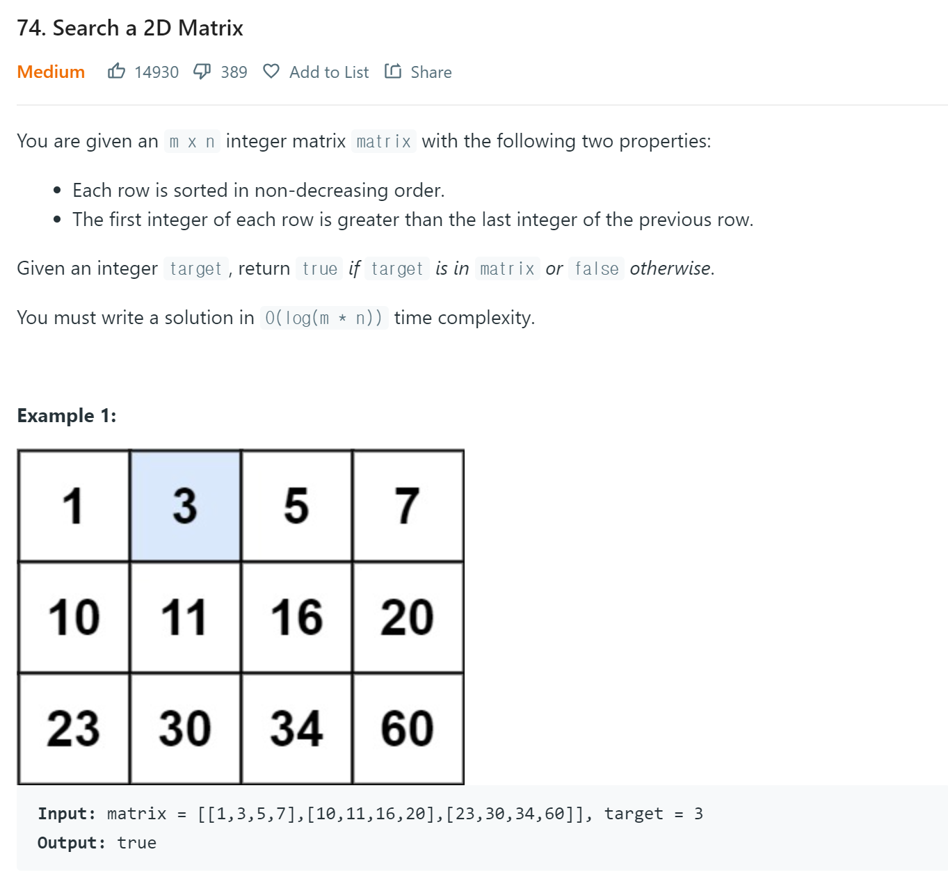 Search a 2D Matrix - Leet Code Search a 2D Matrix - Leet Code