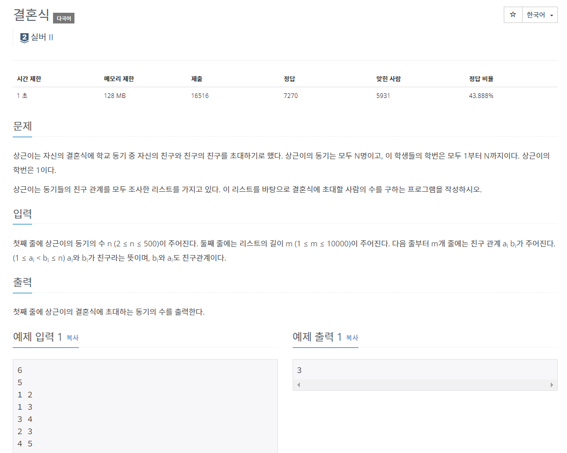 [Backjoon] 5567 결혼식 Python 문제 풀이