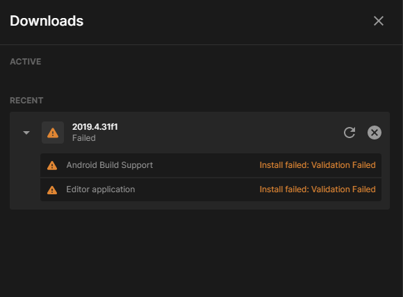 유니티 허브 에디터 설치 오류 - Editor Application Validation Failed 에러 대처방법