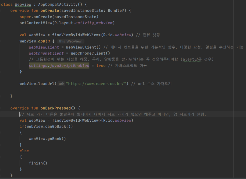 [Kotlin] WebView로 페이지 띄우기 (feat. 세팅속성, 암시적 인텐트로 URL실행, 버그관련 )