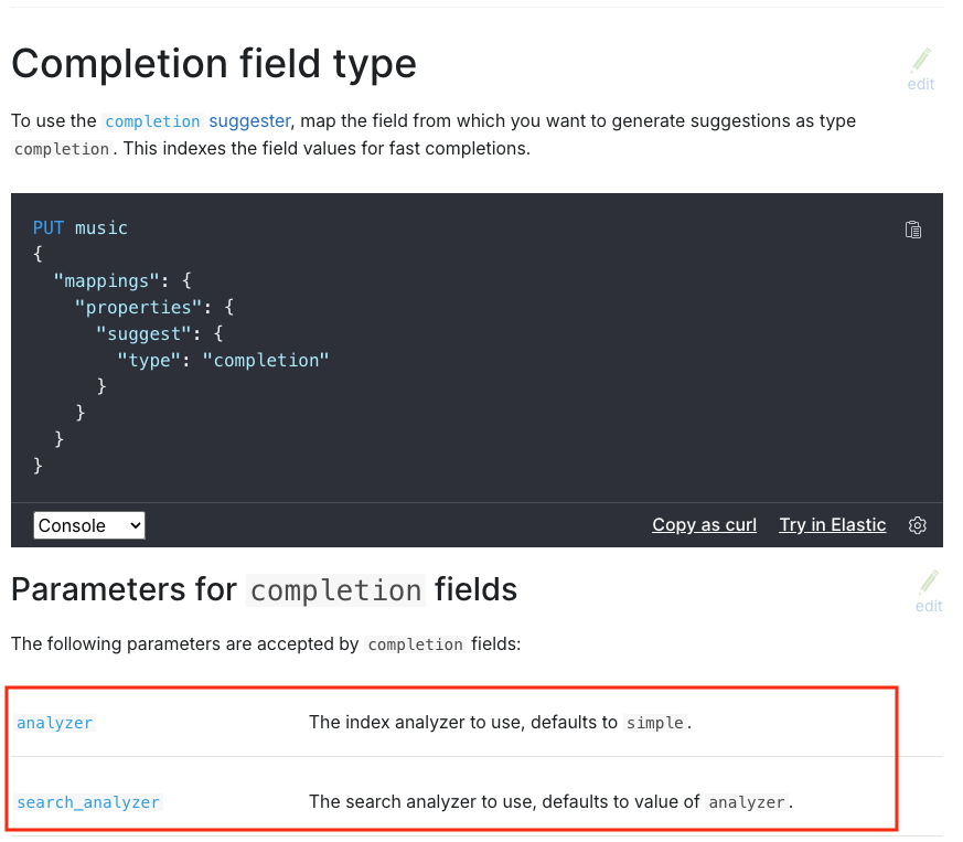 [ELK] suggestion API completion field analyzer