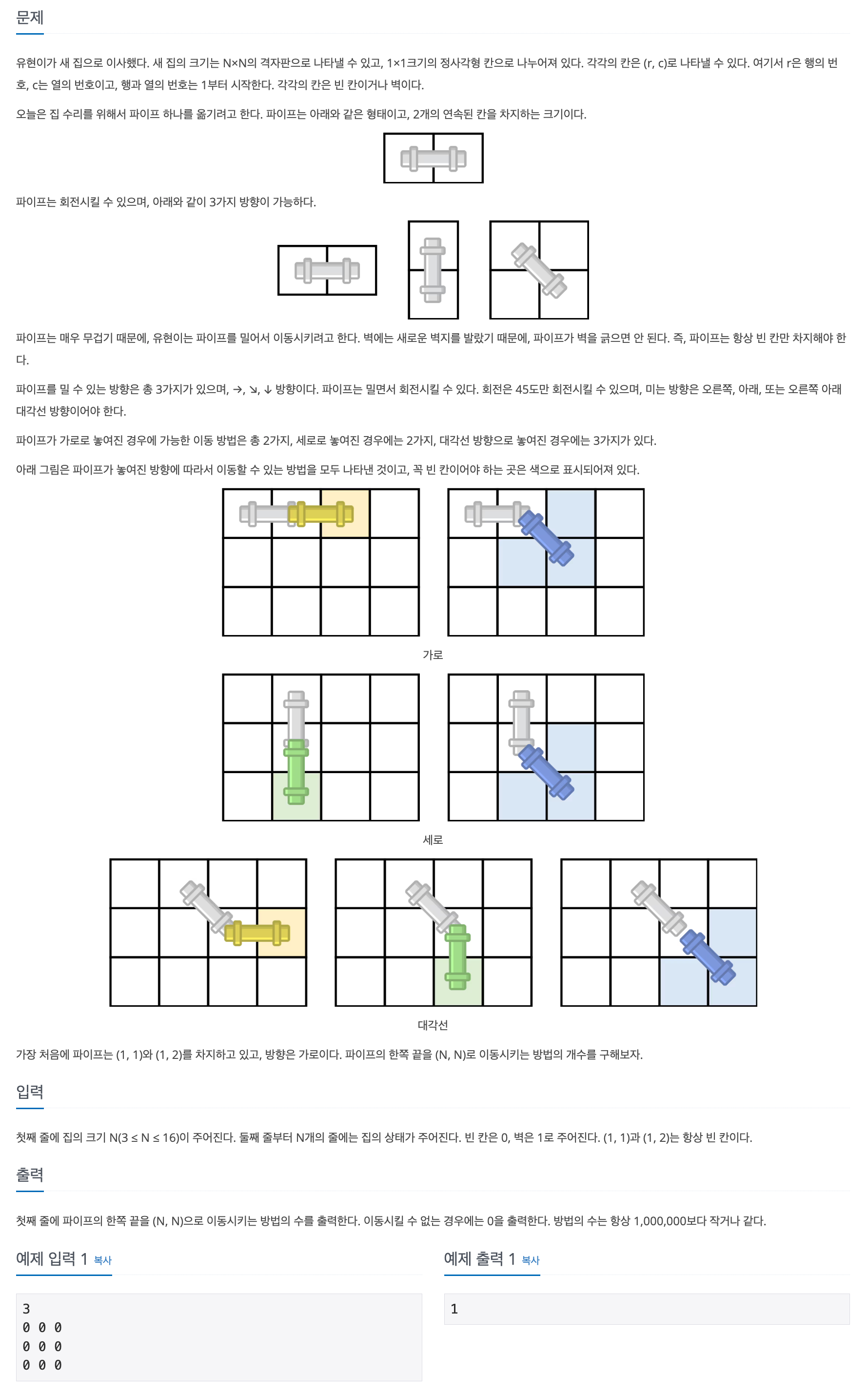 [Java] 백준 BOJ / 17070번: 파이프 옮기기 1