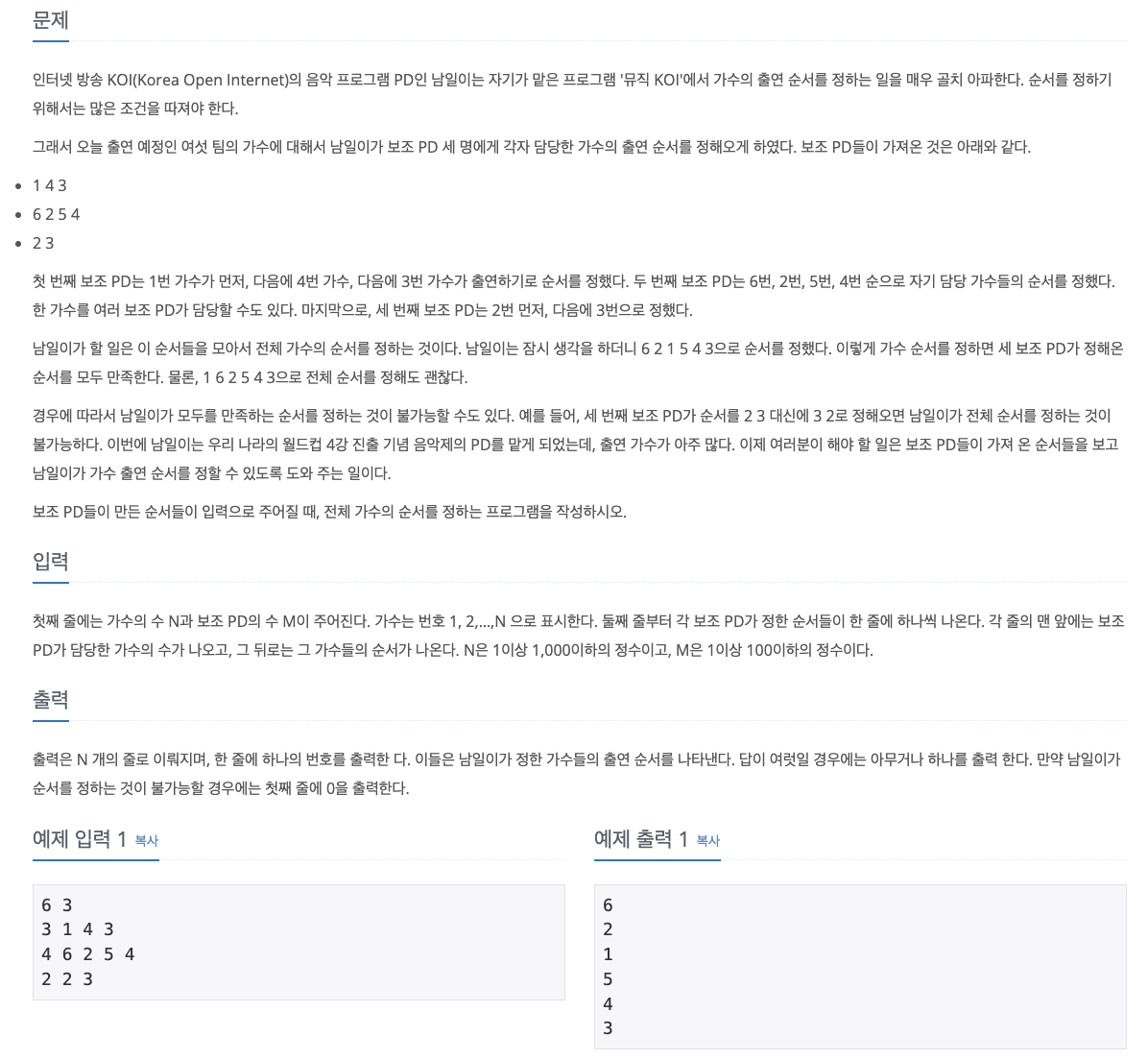 [Java] 백준 BOJ / 2623번: 음악프로그램