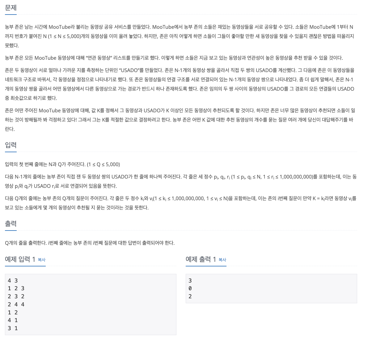 [Java] 백준 BOJ / 15591번: MooTube (Silver)