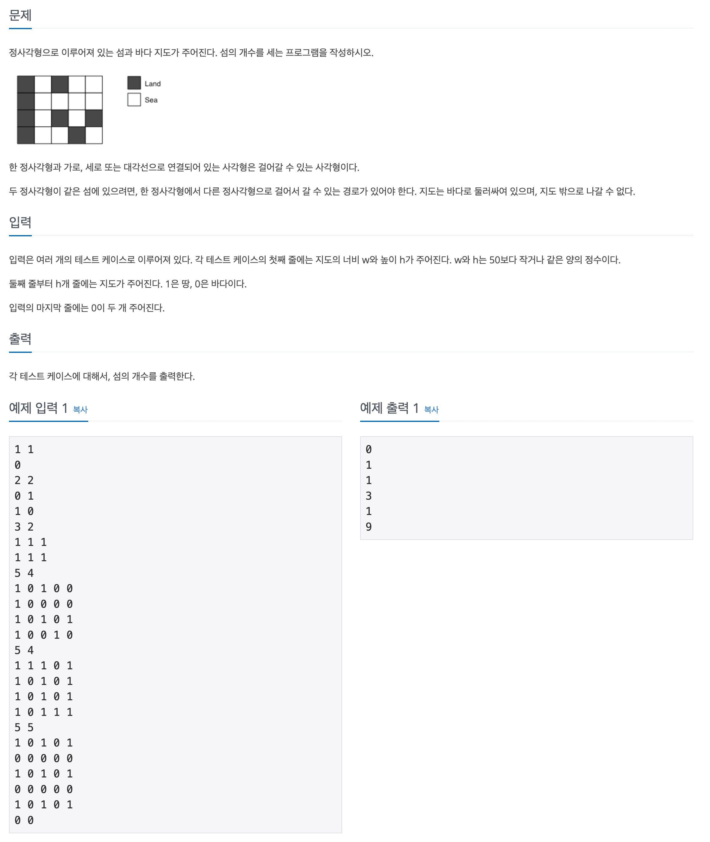 [Java] 백준 BOJ / 4963번: 섬의 개수