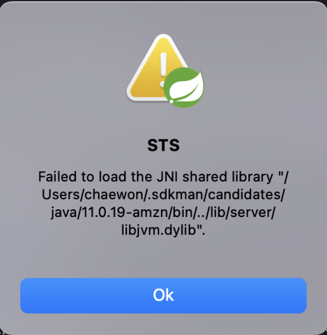 MAC STS3 오류 / 환경 변수 설정/ JDK 삭제 및 설치 / Failed to load the JNI shared library