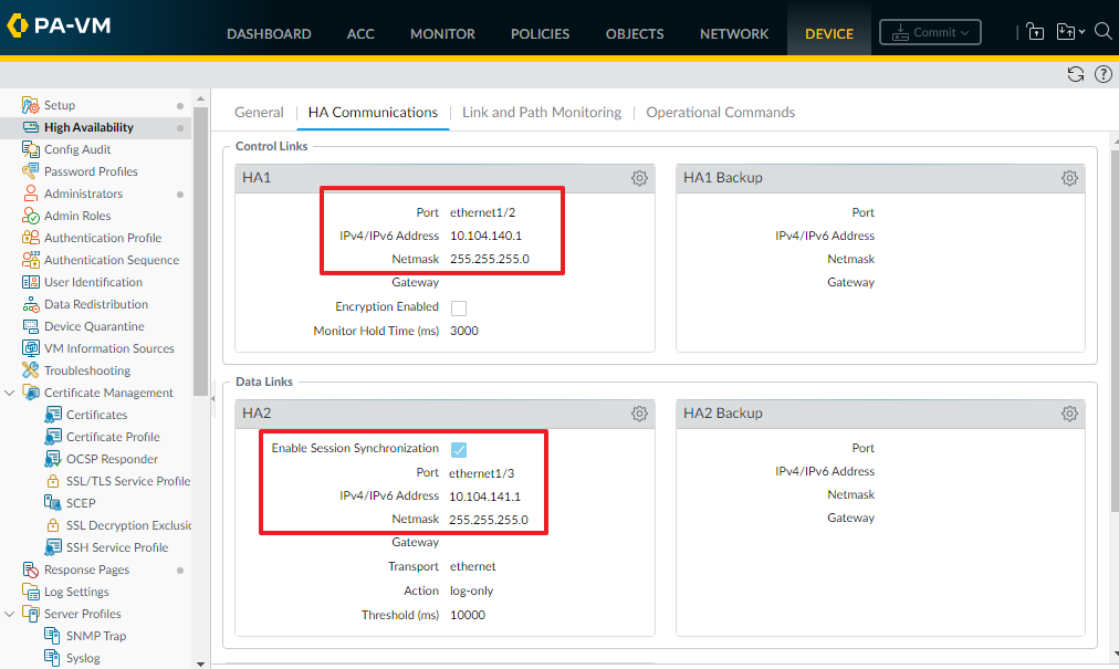 Palo Alto High Availability Configuration