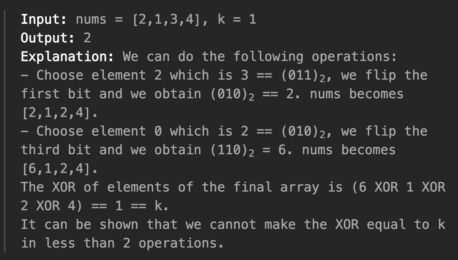 Leetcode Minimum Number Of Operations To Make Array Xor Equal To K