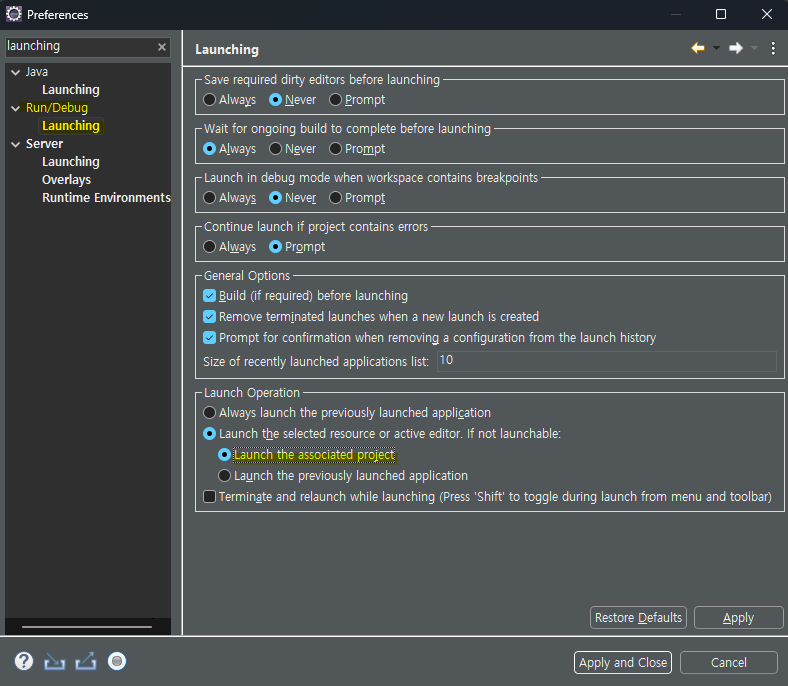 The selection cannot be launched, and there are no recent launches.