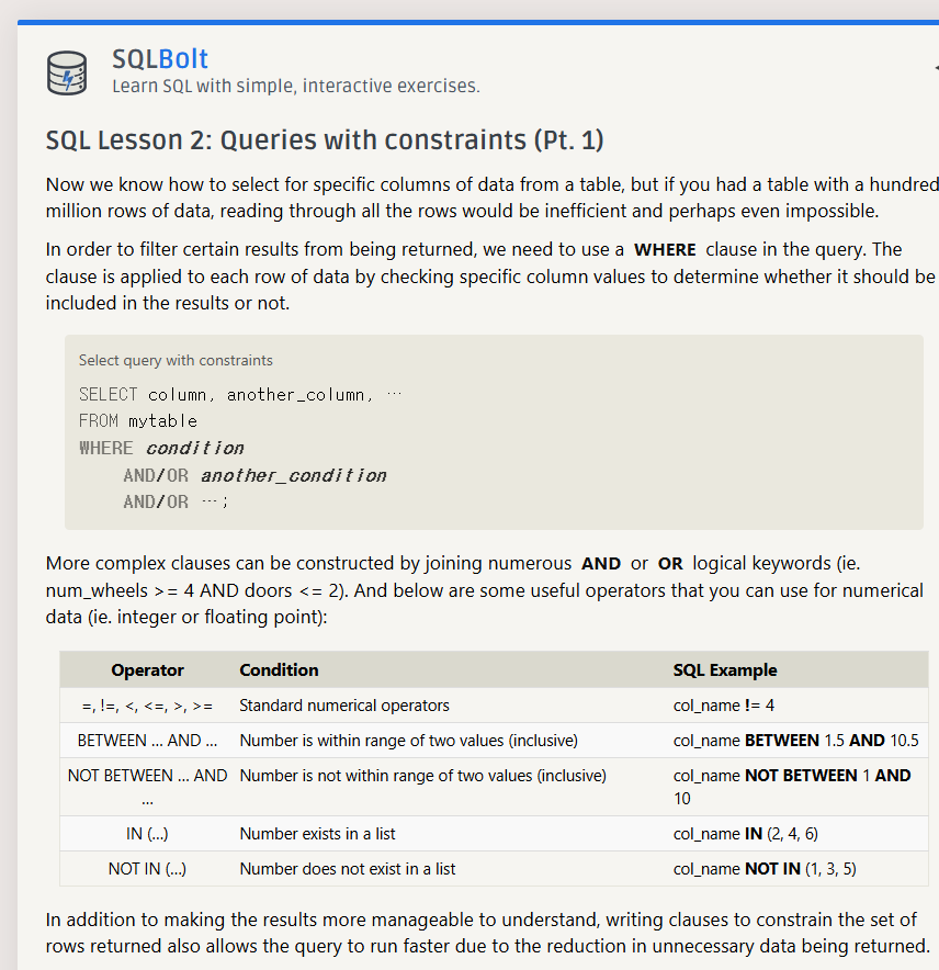 MySql 쿼리 공부하기 좋은 사이트 SQLBolt