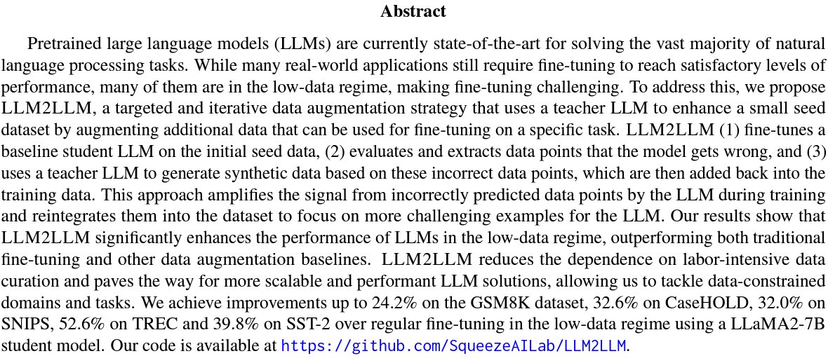 LLM2LLM: Boosting LLMs with Novel Iterative Data Enhancement LLM2LLM: Boosting LLMs with Novel Iterative Data Enhancement