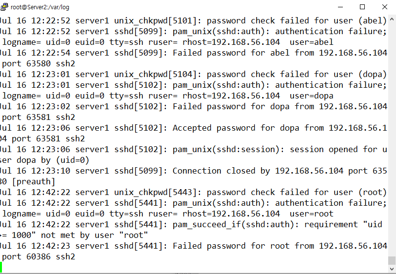 server1의 로그를 server2에서 확인해보자