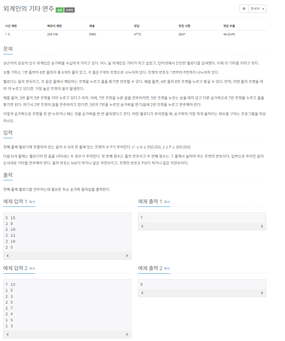 [BOJ / 2841] 외계인의 기타 연주 (파이썬)