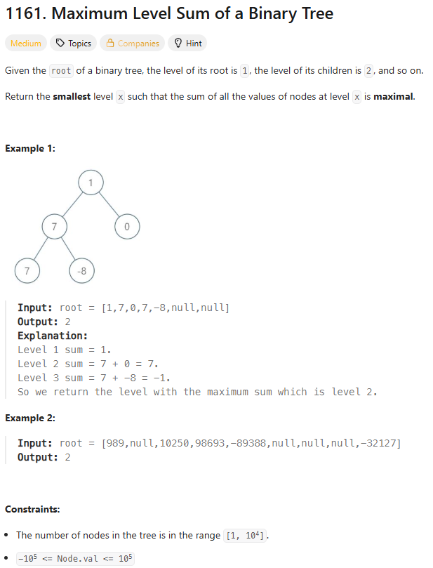 leetcode-1161. Maximum Level Sum of a Binary Tree
