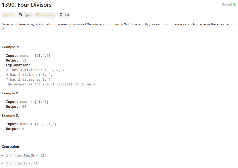leetcode-1390. Four Divisors